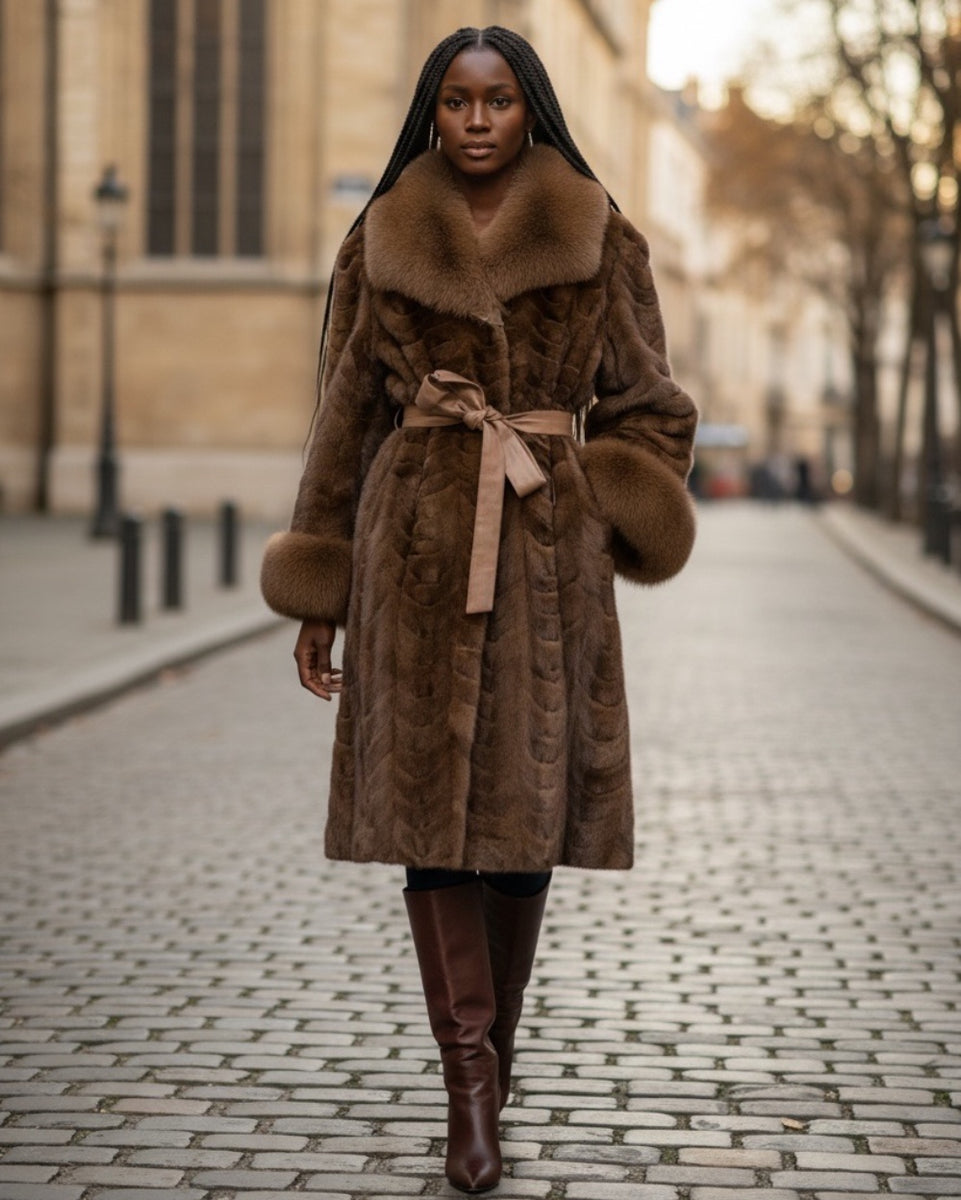 WOMEN MINK- BROWN 3/4 WITH FOX COLLAR – DaRucci Leather